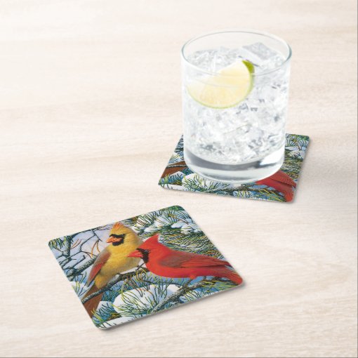 Chic Beautiful Red Cardinals And Snow Christmas Square Paper Coaster ...