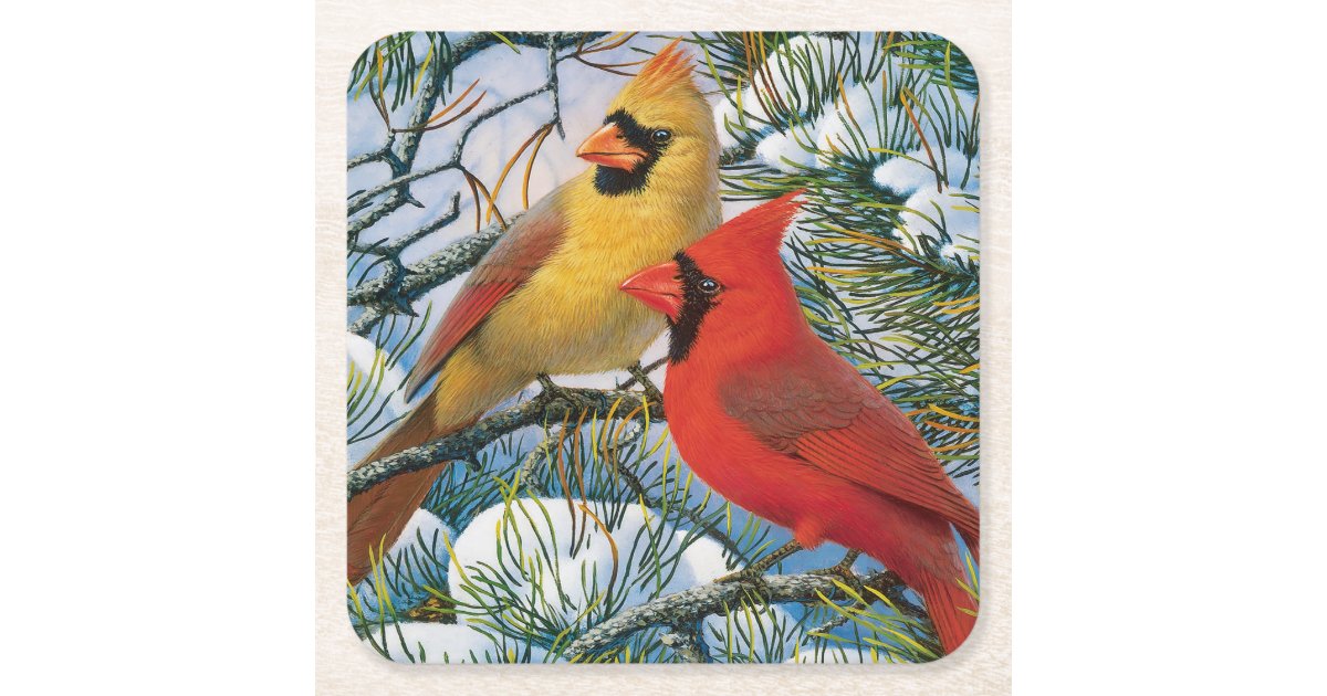Chic Beautiful Red Cardinals And Snow Christmas Square Paper Coaster ...