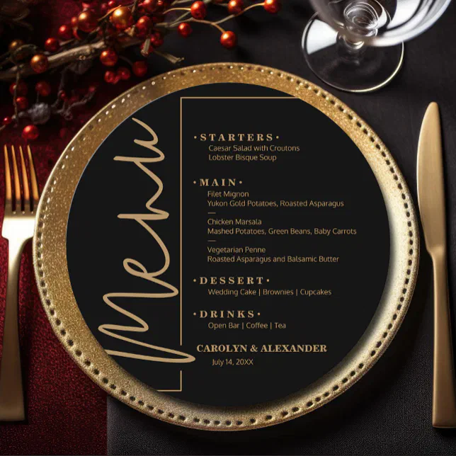 Chic Black and Gold Round Menu | Zazzle
