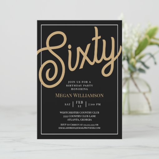 Chic Black and Gold Script 60th Birthday Invitation | Zazzle