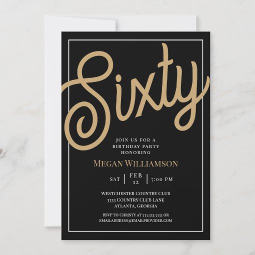 Chic Black and Gold Script 60th Birthday Invitation | Zazzle