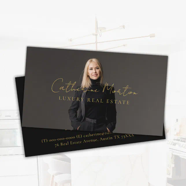 Chic Black and Gold Script Luxury Real Estate Business Card | Zazzle