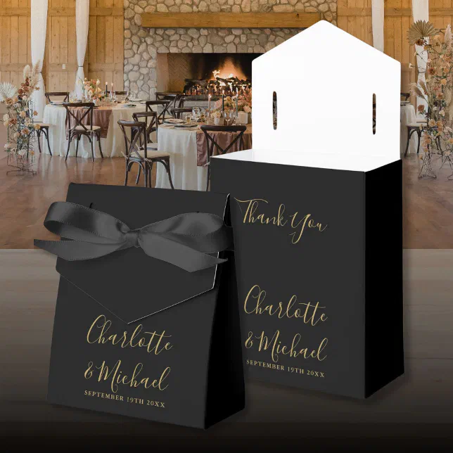 Chic Black And Gold Script Wedding Favor Box | Zazzle