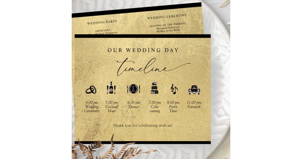 Chic Black and Gold Wedding Timeline and Program | Zazzle