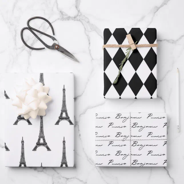 Chic Black and White Bonjour Wrapping Paper Sheets | Zazzle