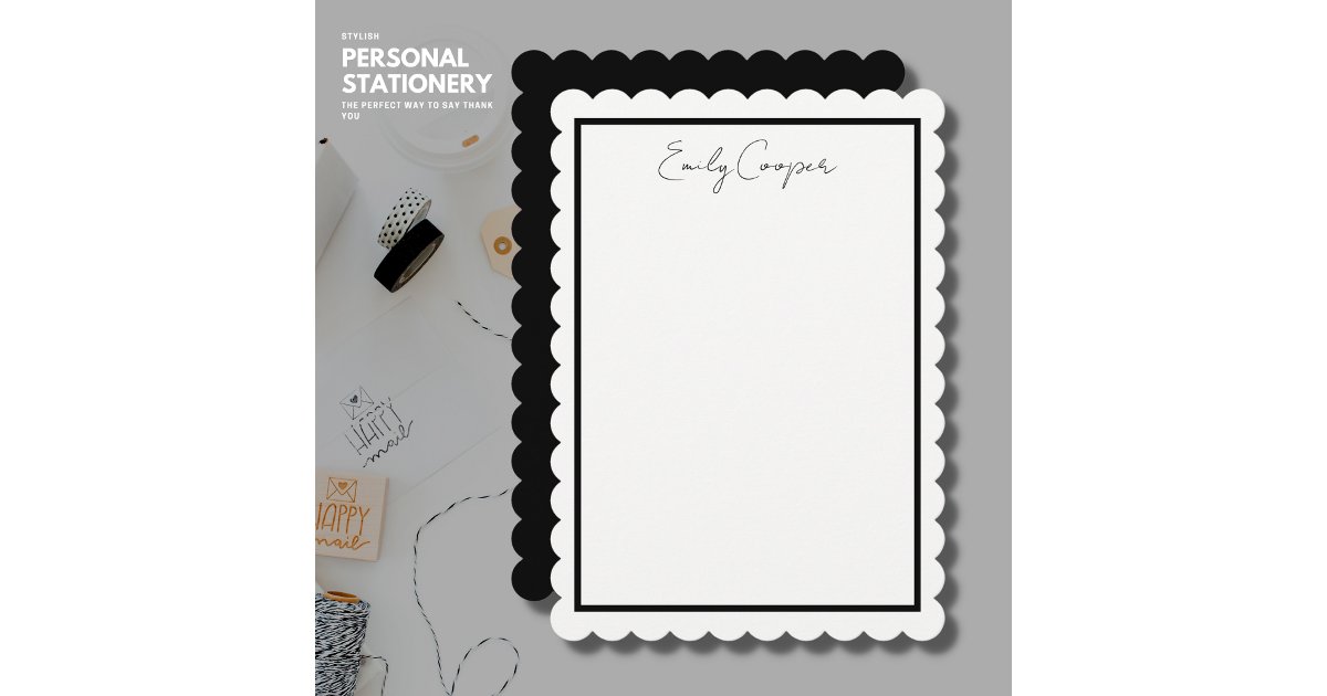 Chic Black and White Scallop Edge Custom Note Card | Zazzle
