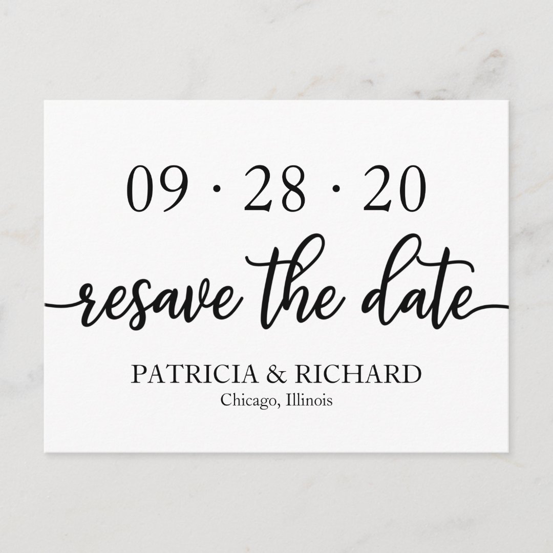 Chic Black And White Wedding Resave The Date Postcard | Zazzle