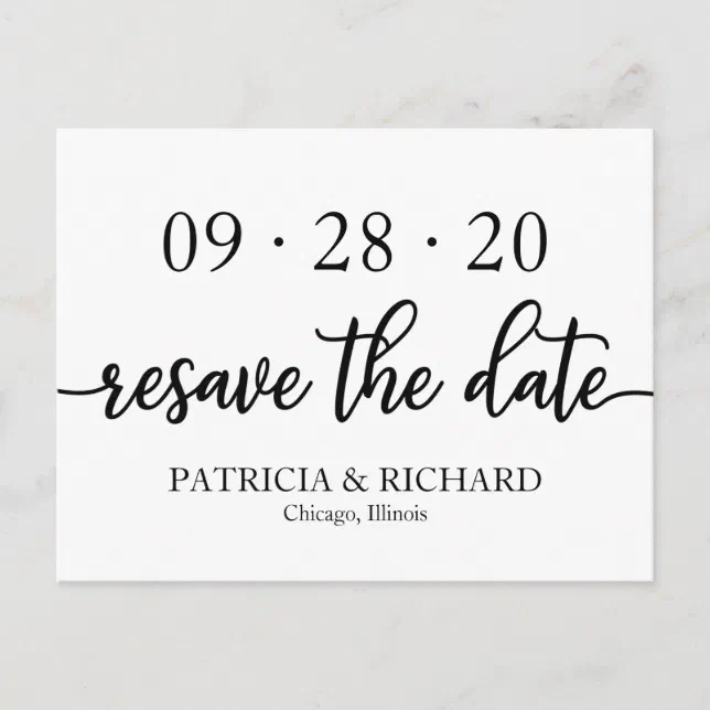 Chic Black And White Wedding Resave The Date Postcard | Zazzle