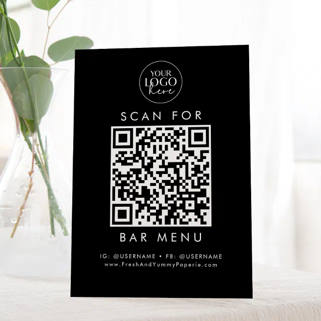 Chic Black Business Logo Bar Menu QR Code Pedestal Sign | Zazzle