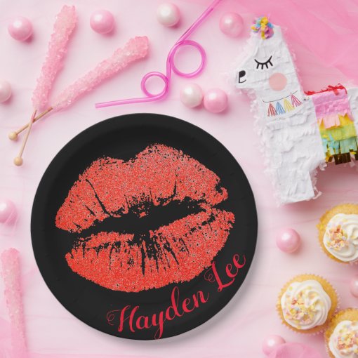 Chic Black & Glitter red Lips print Paper plates | Zazzle