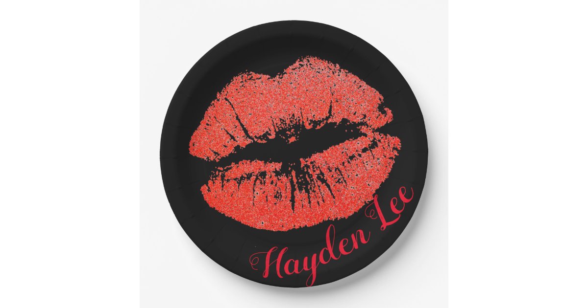Chic Black & Glitter red Lips print Paper plates | Zazzle