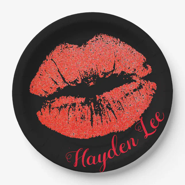 Chic Black & Glitter red Lips print Paper plates | Zazzle