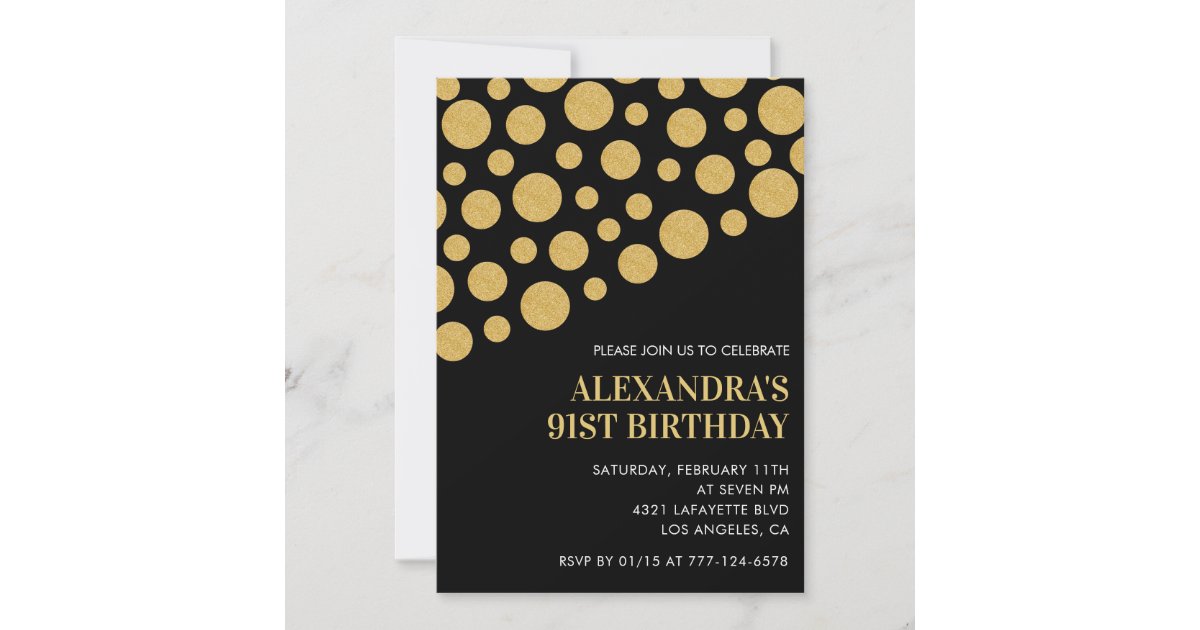 Chic Black Gold Confetti 91st birthday Invitation | Zazzle