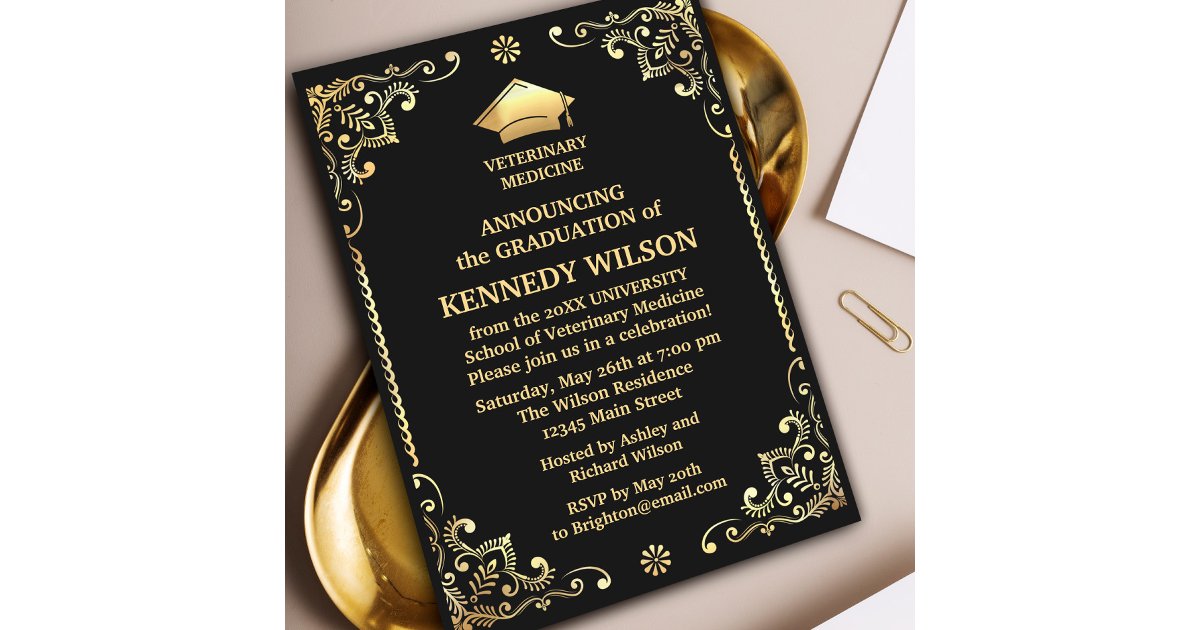 Chic Black Gold foil Graduation Invitation | Zazzle