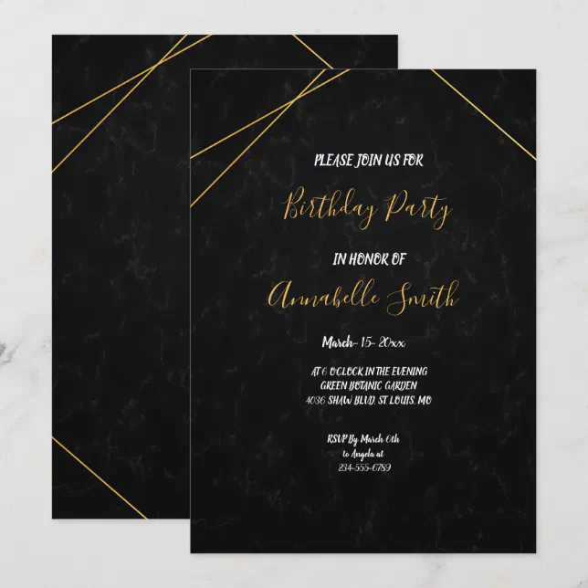 Chic Black & Gold Geometric frame Birthday Party Invitation | Zazzle