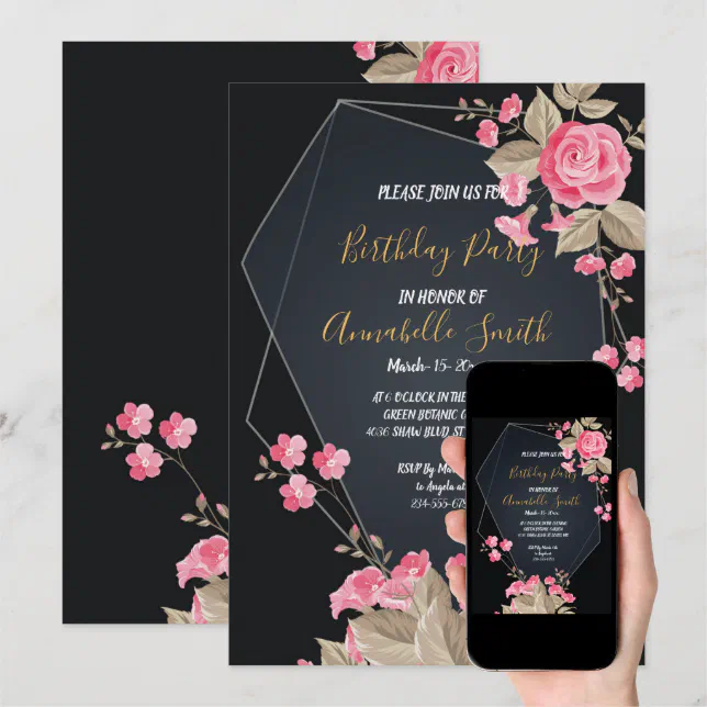 Chic Black & Gold Geometric frame Birthday Party Invitation | Zazzle