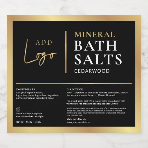 Chic Black & Gold Logo Waterproof Bath Salts Label | Zazzle