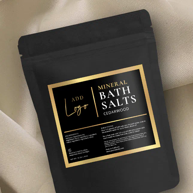 Chic Black & Gold Logo Waterproof Bath Salts Label | Zazzle