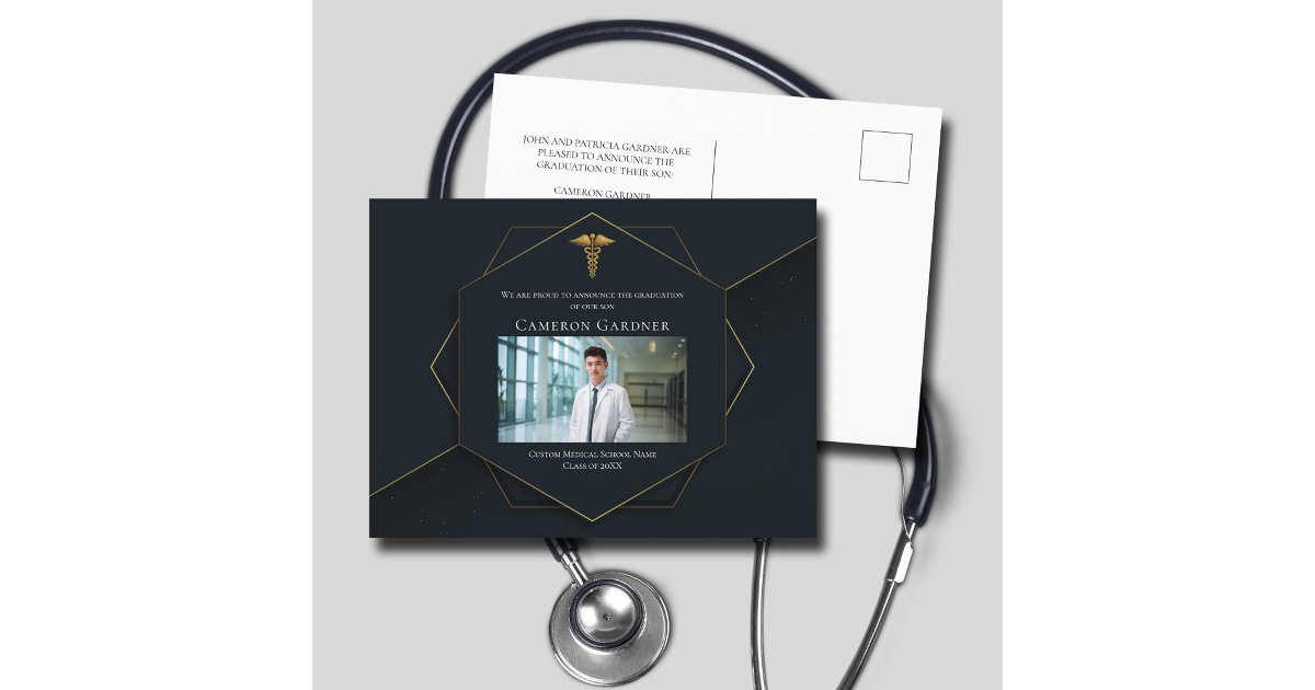 Chic Black Gold Medical School Photo Graduation Announcement Postcard ...