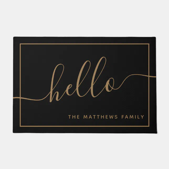 Chic Black Gold Script Hello Family Name Welcome Doormat | Zazzle