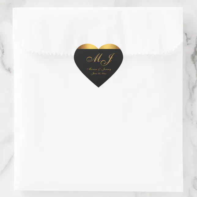 Chic Black Gold Script Monogram Wedding Heart Sticker | Zazzle