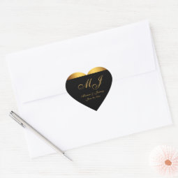 Chic Black Gold Script Monogram Wedding Heart Sticker | Zazzle