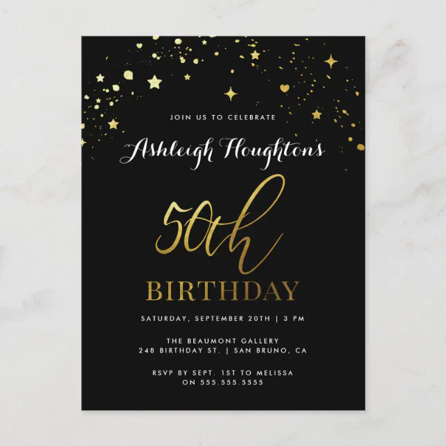 Chic Black & Gold Star Confetti 50th Birthday Invitation Postcard | Zazzle