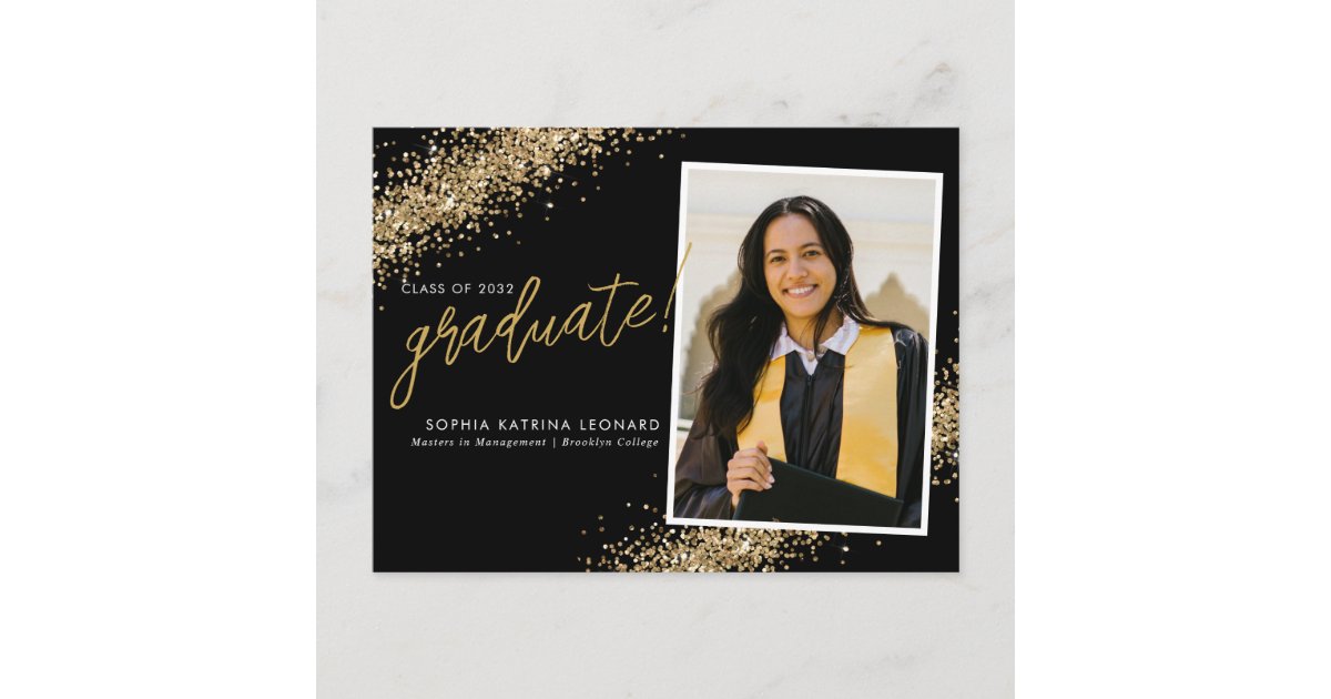 Chic Black Graduate Gold Glitter Photo Graduation Announcement Postcard ...