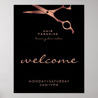Chic Black Hair Salon Barber Copper Welcome Poster | Zazzle