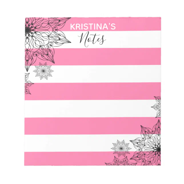 Chic Black Mandalas on Pink and White Stripes Notepad | Zazzle