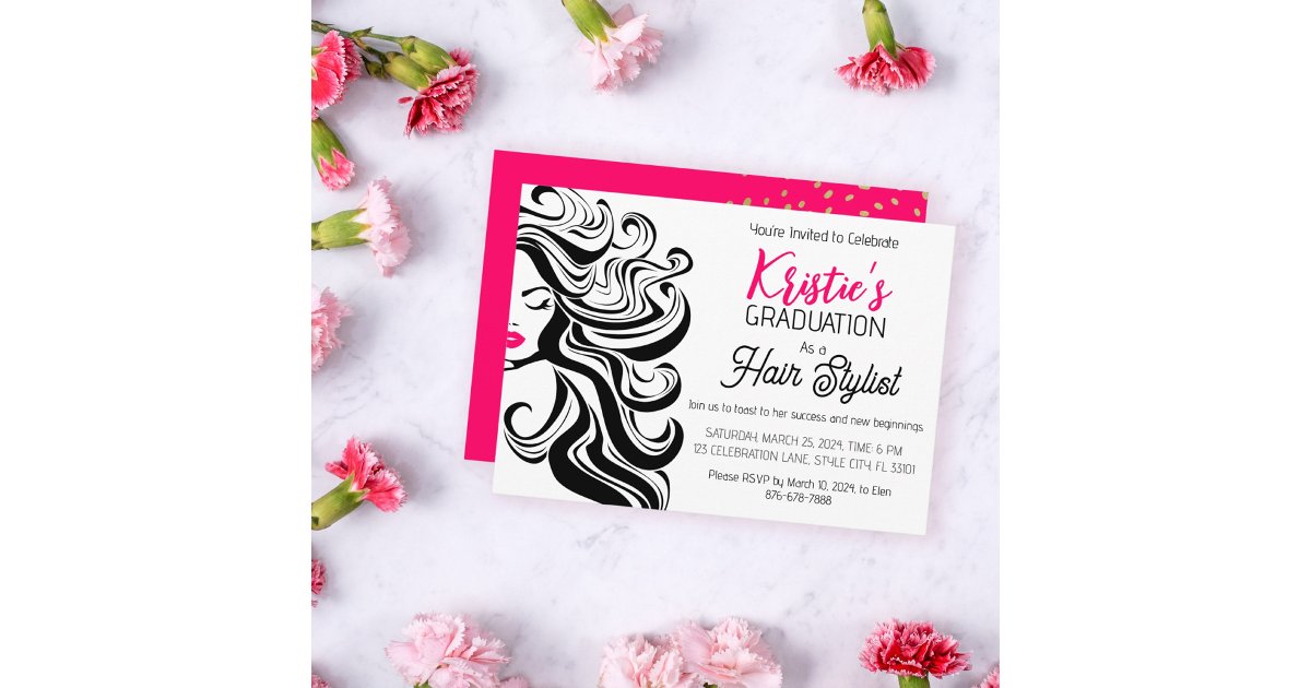 Chic Black Pink Hair Stylist Graduation Party Cute Invitation | Zazzle