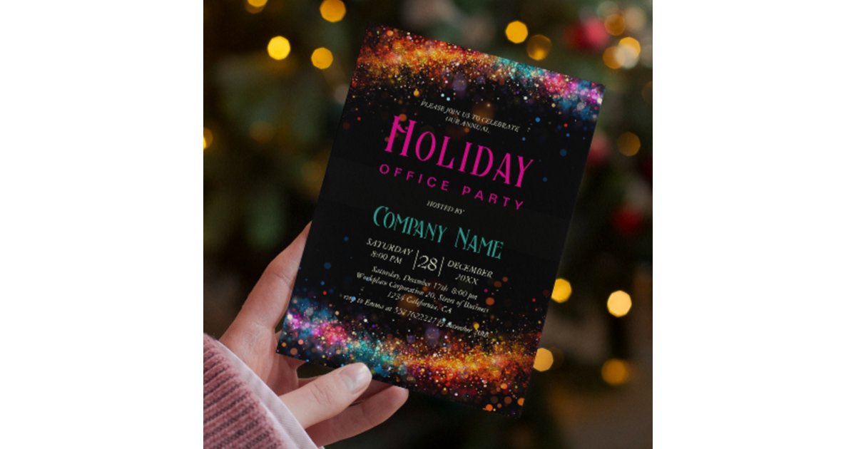 Chic Black Rainbow Glitter Holiday Office Party Invitation | Zazzle
