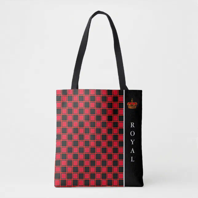 Chic black, & red checkered & calligraphy tote bag | Zazzle