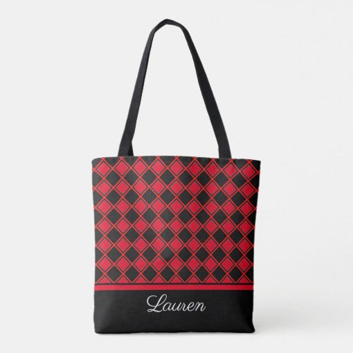 Chic black, & red diamond geometric shape tote bag | Zazzle