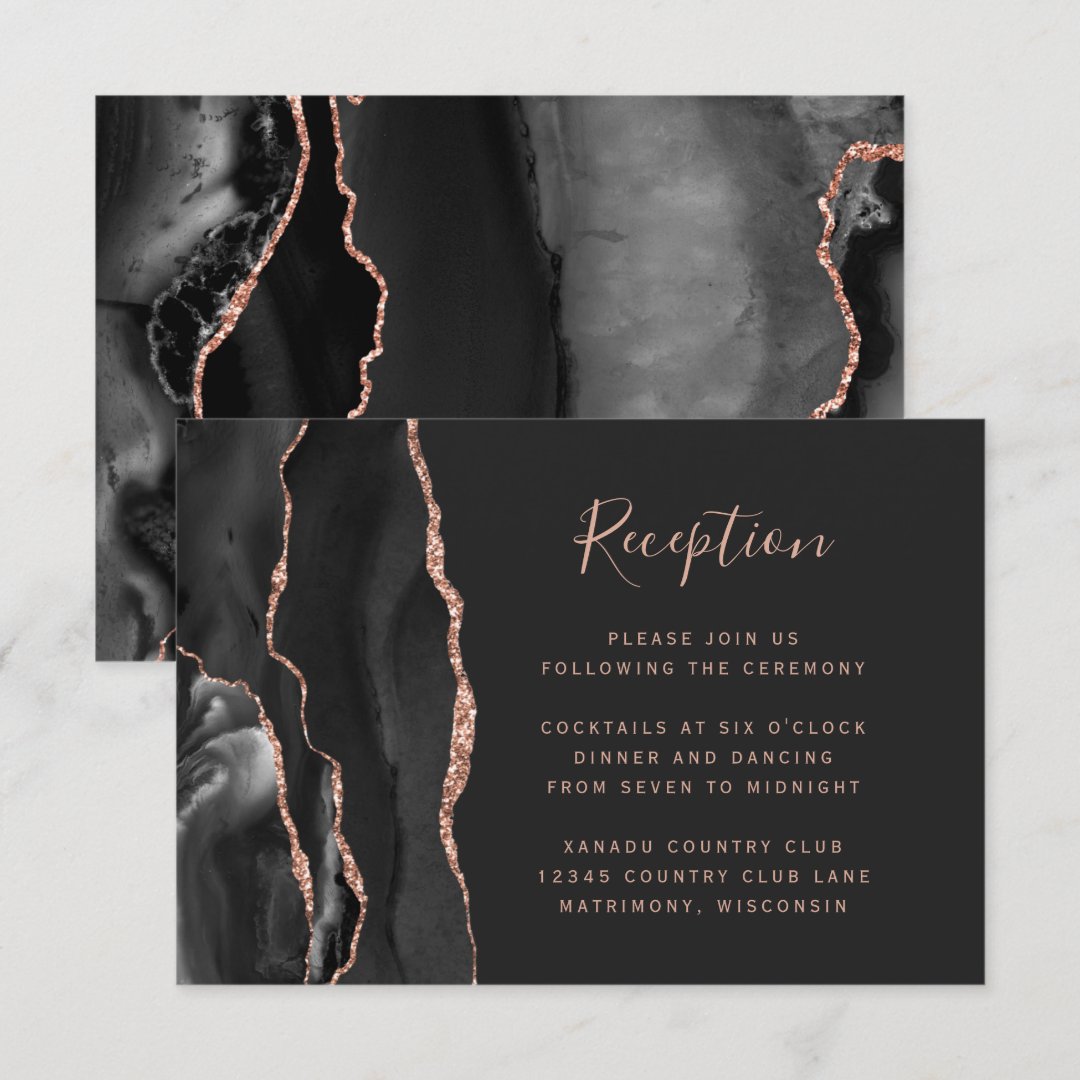 Chic Black Rose Gold Agate Dark Wedding Reception Enclosure Card | Zazzle