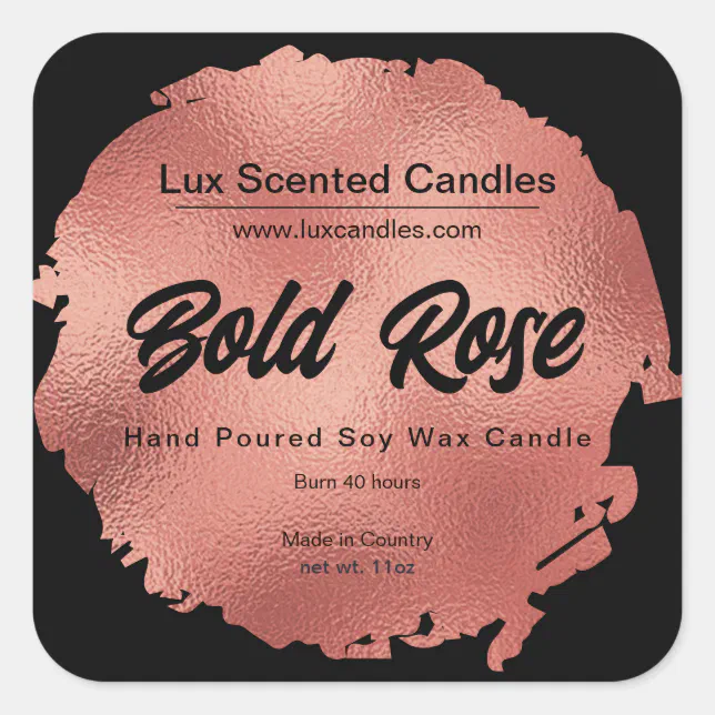 Chic Black Rose Gold Foil Modern Luxury Candle Square Sticker | Zazzle