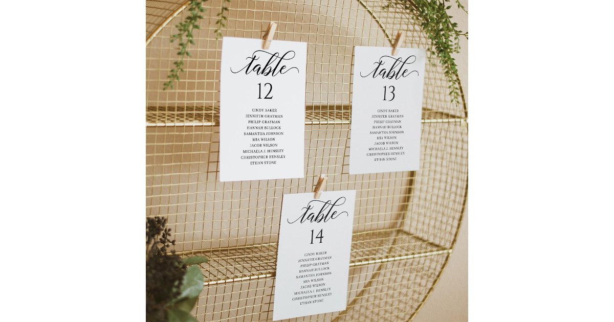 Chic Black Script Table Number Seating Chart | Zazzle