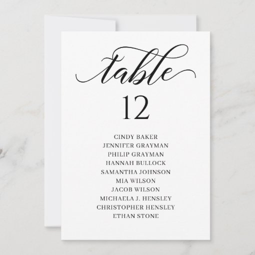 Chic Black Script Table Number Seating Chart | Zazzle