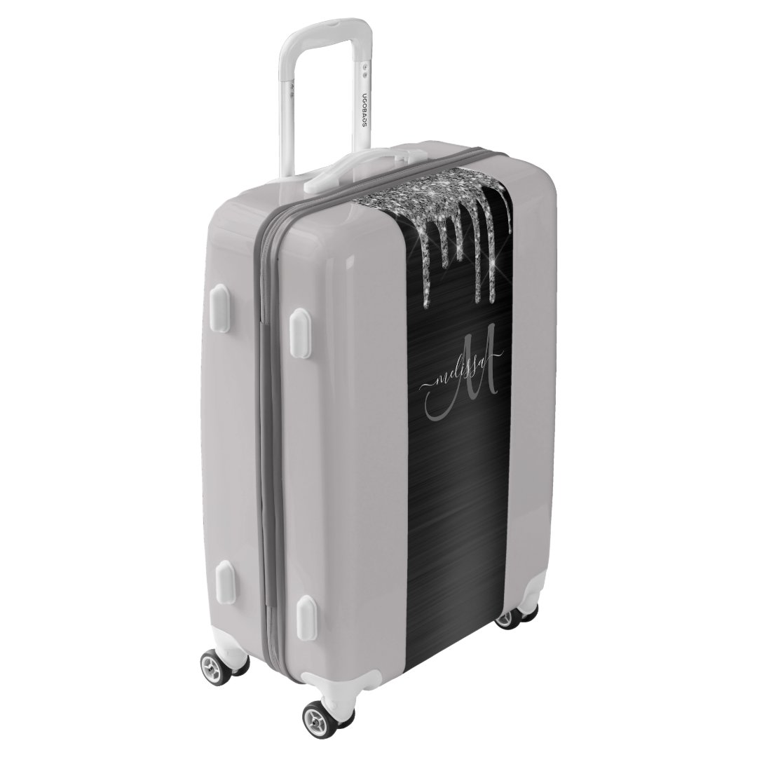 Chic Black Silver Glitter Drips Brushed Metallic Luggage | Zazzle