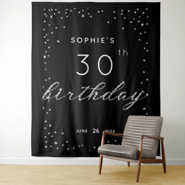 Chic Black Sparkle Glitter Birthday Party Backdrop | Zazzle