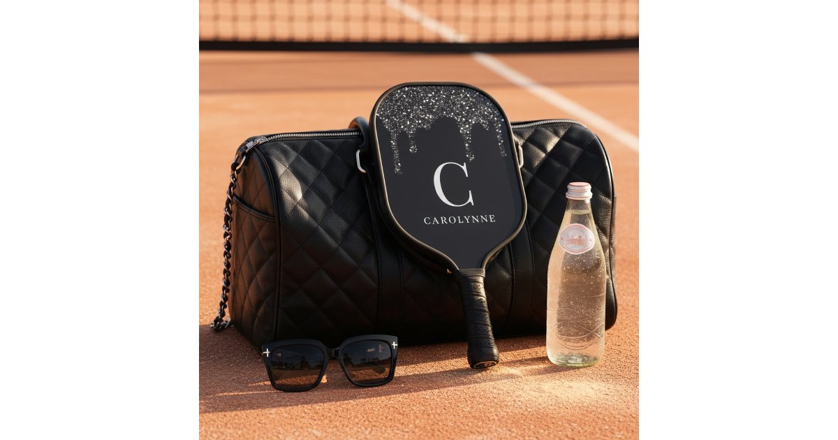 Chic Black Sparkle Glitter Drips Monogram Pickleball Paddle | Zazzle
