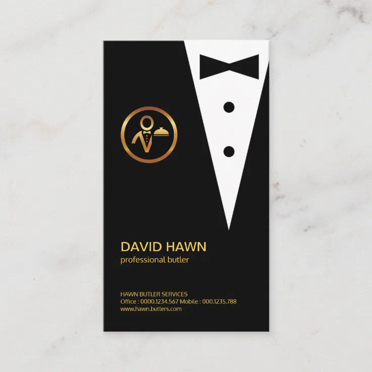 Chic Black Tuxedo Gold Boutonniere Butler's Logo Business Card | Zazzle