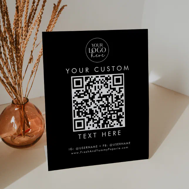 Chic Black Typography Business Logo Custom QR Code Pedestal Sign | Zazzle