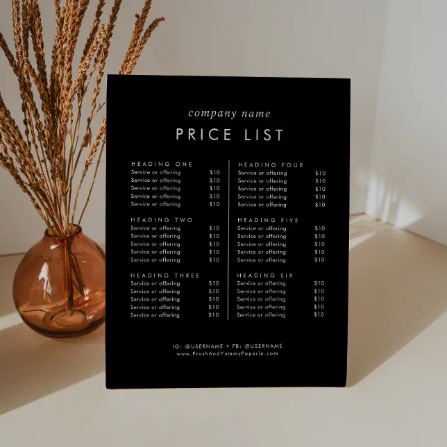 Chic Black Typography Business Services Price List Pedestal Sign | Zazzle