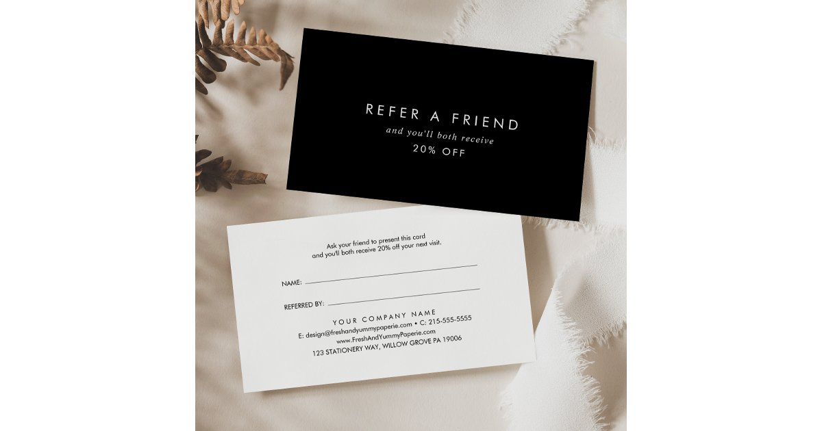 Chic Black Typography Refer a Friend Referral Card | Zazzle