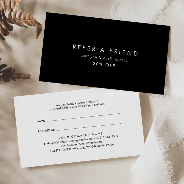Chic Black Typography Refer a Friend Referral Card | Zazzle