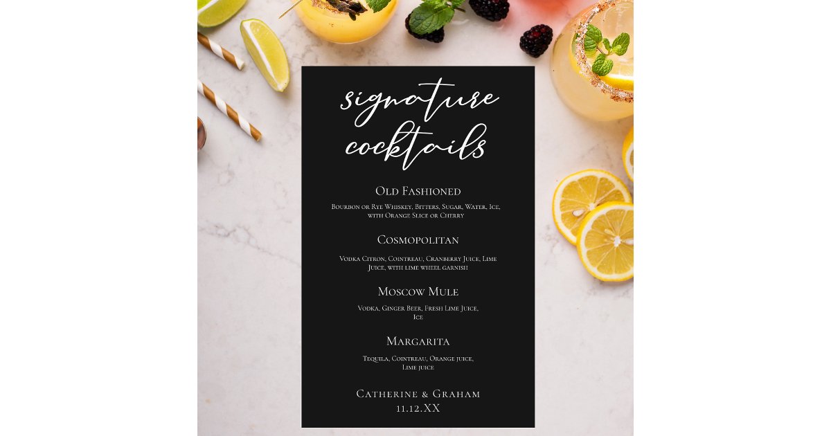 Chic Black Wedding Signature Cocktails Bar Menu | Zazzle