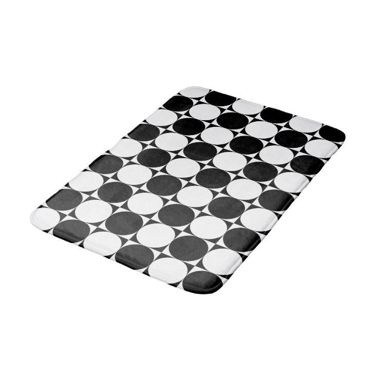 Chic Black White Abstract Circles Squares Pattern Bath Mat | Zazzle