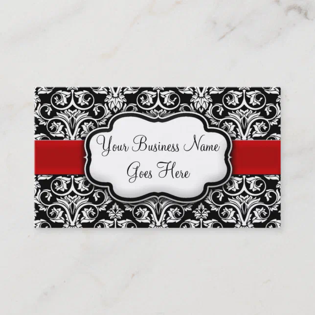 Chic Black/White Damask Red Ribbon Business Card | Zazzle
