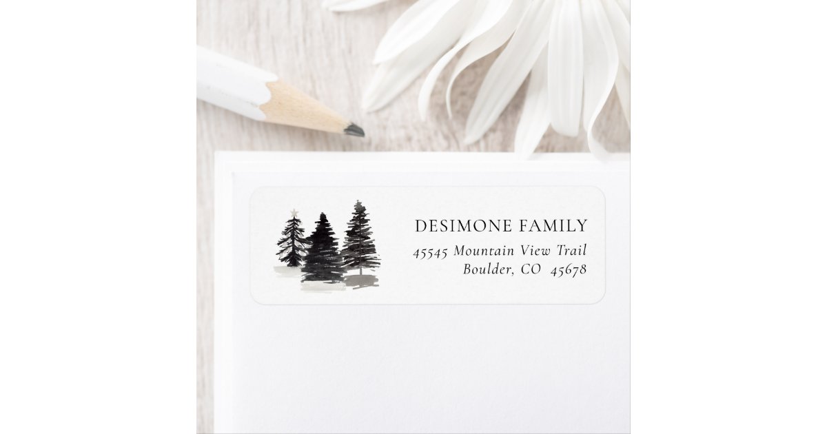 Chic Black White Evergreen Tree Return Address Label | Zazzle